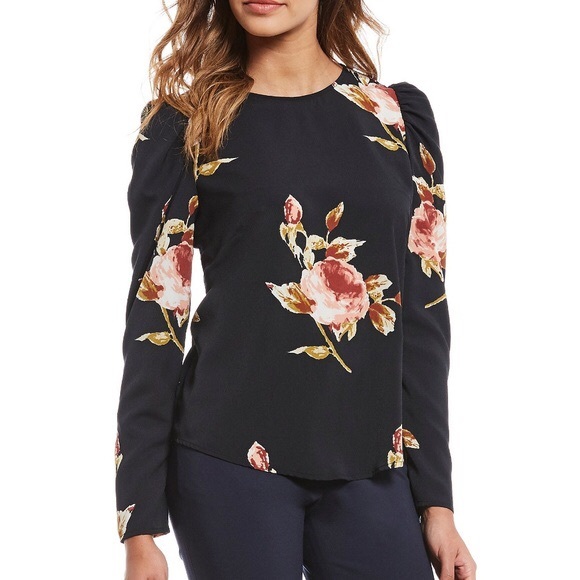 Alex Marie | Tops | Alex Marie Black Floral Print Puff Sleeve Blouse ...